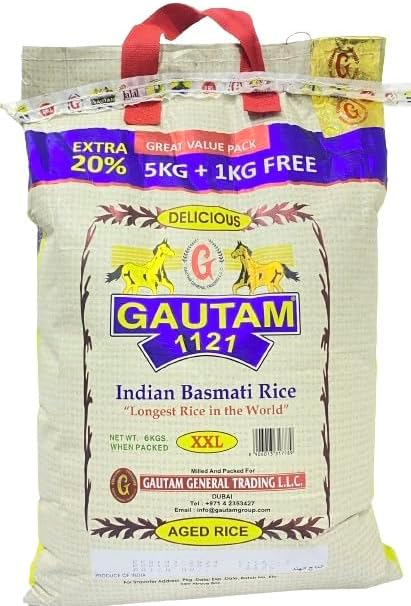 Gautam 1121 XXL Indian Basmati Rice 5kgs + 1 kg (Extra 20%)